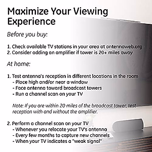 GE Amplified HD Digital TV Antenna, Long Range Smart TV Antenna, Easy Mount on Top of TV Design, Supports 4K 1080P HDTV VHF UHF, Indoor Amplified Signal Booster, 5ft Coax HDTV Cable/AC Adapter, 37075