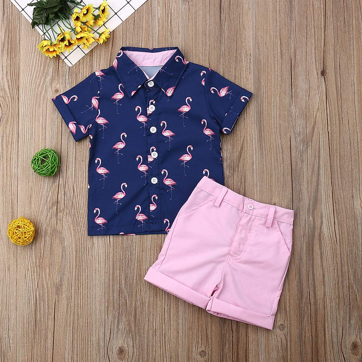 VISGOGO Toddler Baby Boy Flamingo Short Sleeve Button Down Shirt & Casual Shorts Set Summer Outfits 1-6 Years Clothes