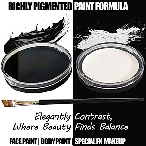 Jim&Gloria Black and White Face Paint + Painting Brush + UV Glow Tattoos, Sweatproof & Water Resistance Paints, Professional Palette Makeup Kit for Halloween SFX Costume Skeleton Clown Joker Mime