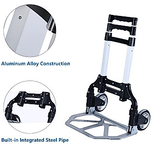 Folding Hand Truck and Personal Dolly,200lbs Aluminum Stair Climbing Dolly Cart with Rubber Wheels and Bungee Cord,Heavy Duty Handcart Luggage Cart for Home,Travel, Moving and Office Use