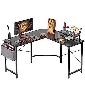 CubiCubi L Shaped Gaming Desk, 47.2 inch Computer Corner Desk with with Carbon Fiber Surface and Monitor Shelf for Home Office Study Writing Workstation, Black