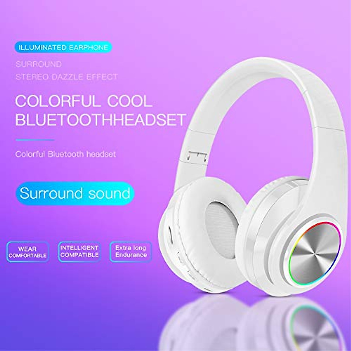 Amazing 7 LED Bluetooth Headphones with 8Hours Playtime, Wireless Headsets Over Ear, Hi-Fi Stereo, Multi-Colored Breathing Led, Built-in Mic, Snug Fit Earphones for Game Video DJ (White)