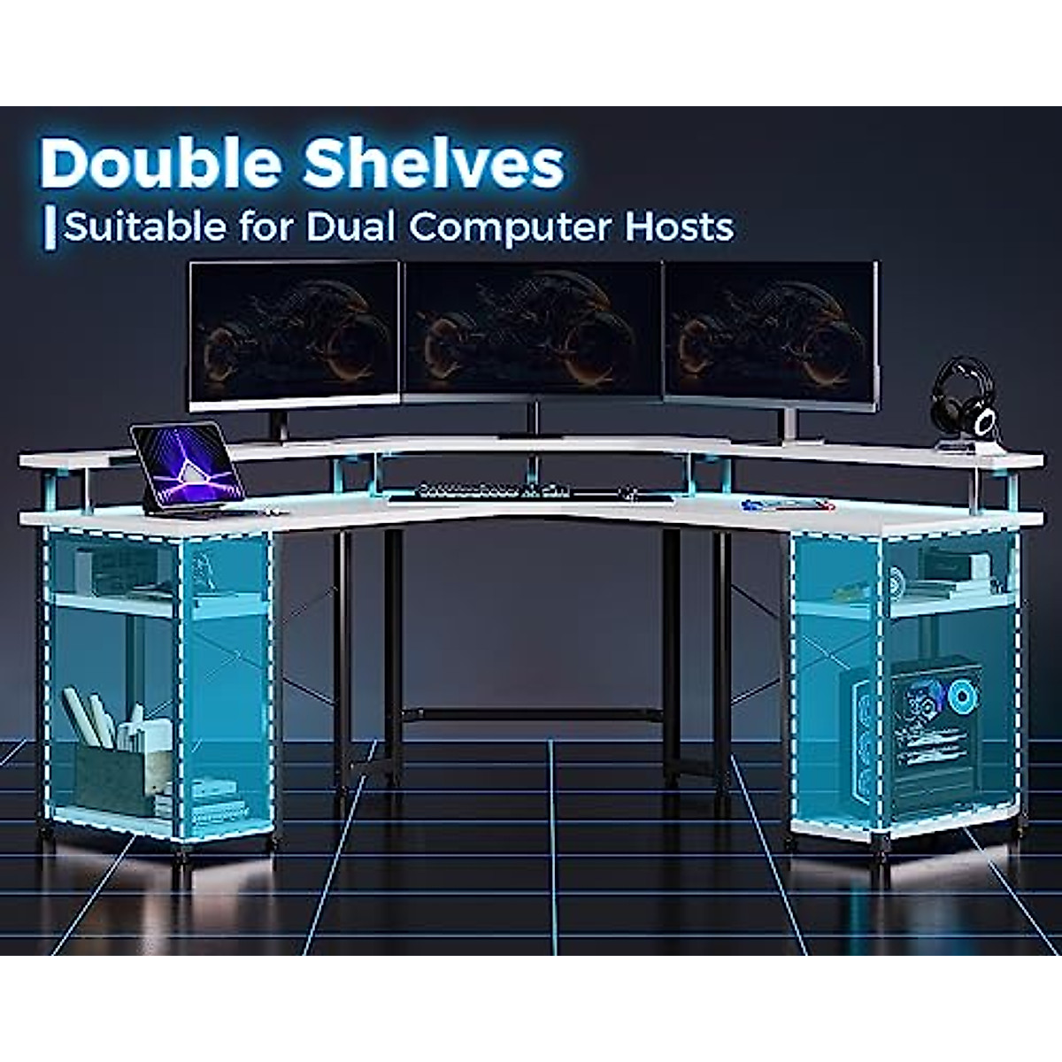 Coleshome L Shaped Gaming Desk with LED Lights & Power Outlets, Reversible 56" Computer Desk with Full Monitor Stand & Storage Shelves, Ergonomic Home Office Corner Desk, White