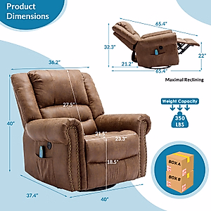 OUINCH Manual 360 Degree Swivel Glider Rocker Recliner Chair with Massage and Heat, USB Ports and 2 Side Pockets, Bronze Suede Like Fabric, Brown