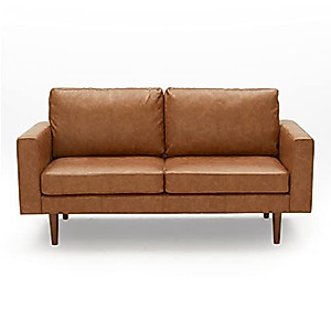 Kingfun 65" W Faux Leather Loveseat Sofa Couch, Love Seat Sofas and Couches for Living Room Bedroom Office and Small Spaces, Mid Century Modern Decor Love Seats Furniture with Solid Wood Leg,Brown