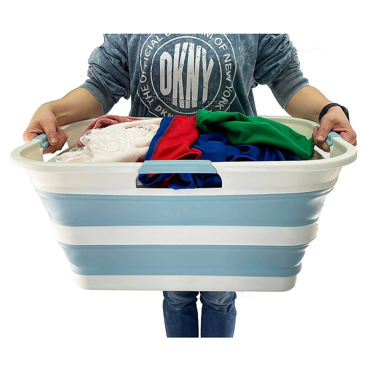 SAMMART 42L (11 gallons) Collapsible Plastic Laundry Basket - Foldable Pop Up Storage Container/Organizer - Portable Washing Tub - Space Saving Hamper/Basket (1, Grey/Sterling Blue)