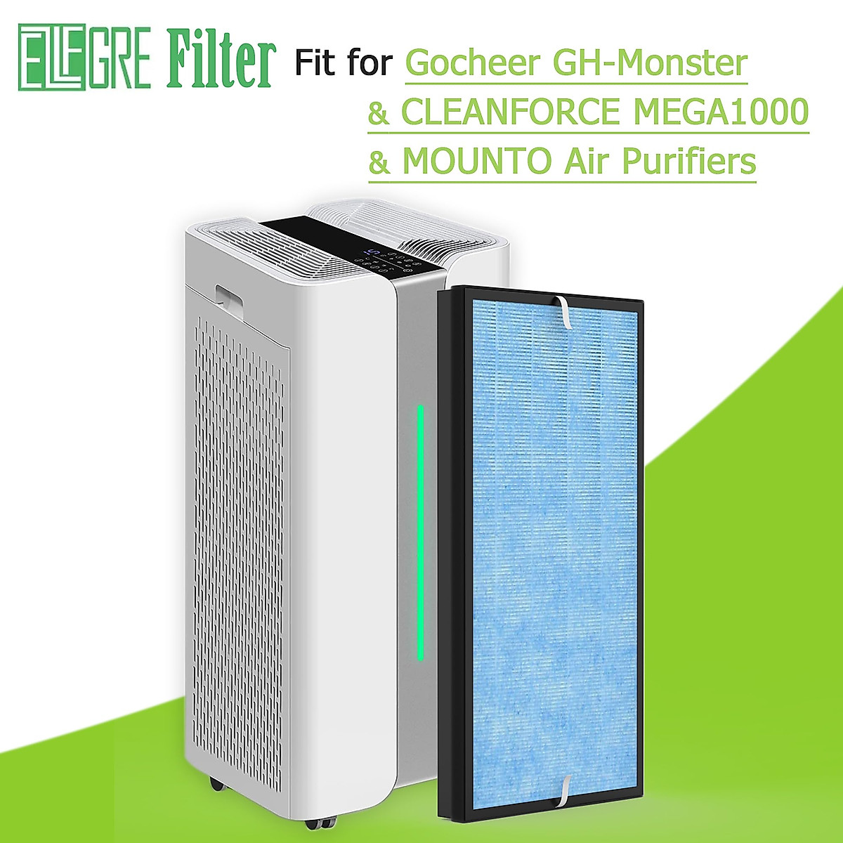EzLfGre Dual Replacement Filter Fit for Gocheer GH-Monster & CLEANFORCE MEGA1000 & MOUNTO Extra large Air Purifier, H13 True HEPA, 2 Pcs