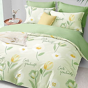 SAPHREAS Green Floral Tulip 4pcs Bedding Duvet Cover Set King Size 100% Cotton Spring Comforter Cover Set 1 Duvet Cover 2 Pillow Shams 1 Fitted Sheet