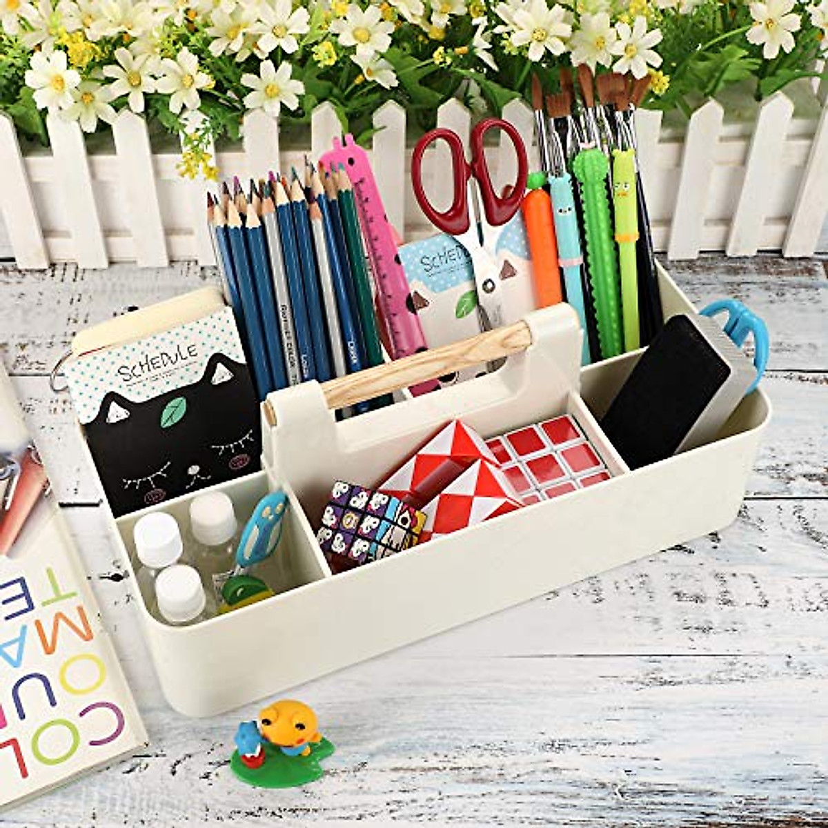 BTSKY Stackable Plastic Portable Storage Organizer Utility Caddy Tote,Divided Craft Storage Organizer Basket Bin with Wooden Handle for Craft, Sewing, Art Supplies, Office Supplies Beige White