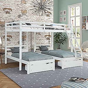 Triple Bunk Bed for Kids Teens,Can Be Separated Into 3 Full Over Twin & Twin Bunked Bedframe with Storage Drawer and Guardrails Wood for Living Room Bedroom,White