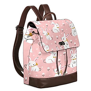 Cute Rabbit PU Leather Backpack Purse, Bunny Flower Shoulder Rucksack College School Bookbag Travel Daypack for Women Ladies