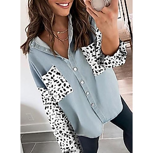 Dokotoo Womens 2023 Fashion Oversized Color Bock Leopard Contrast Denim Jacket Long Sleeve Button Up Pockets Shirts Ladies Loose Fit Shacket Tunic Blouse Tops Sky Blue M