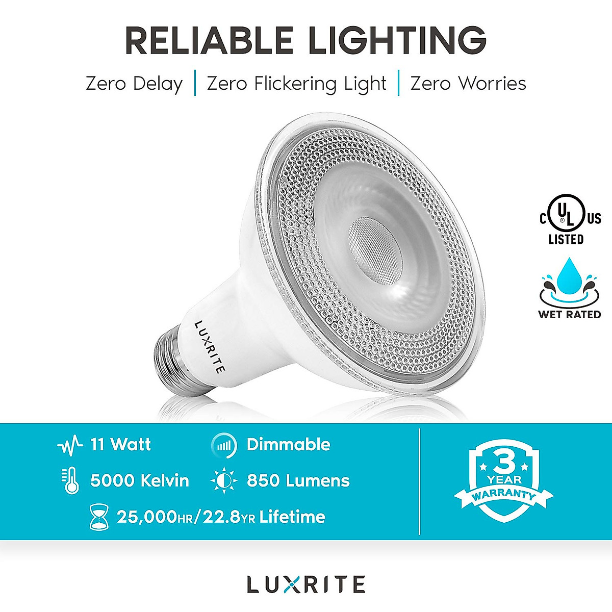 LUXRITE 4 Pack LED PAR30 Flood Light Bulb, 75W Equivalent, 5000K Bright White, 850 Lumens, 11W Dimmable, Indoor Outdoor Spotlight Bulb, Wet Rated, E26 Standard Base, UL Listed