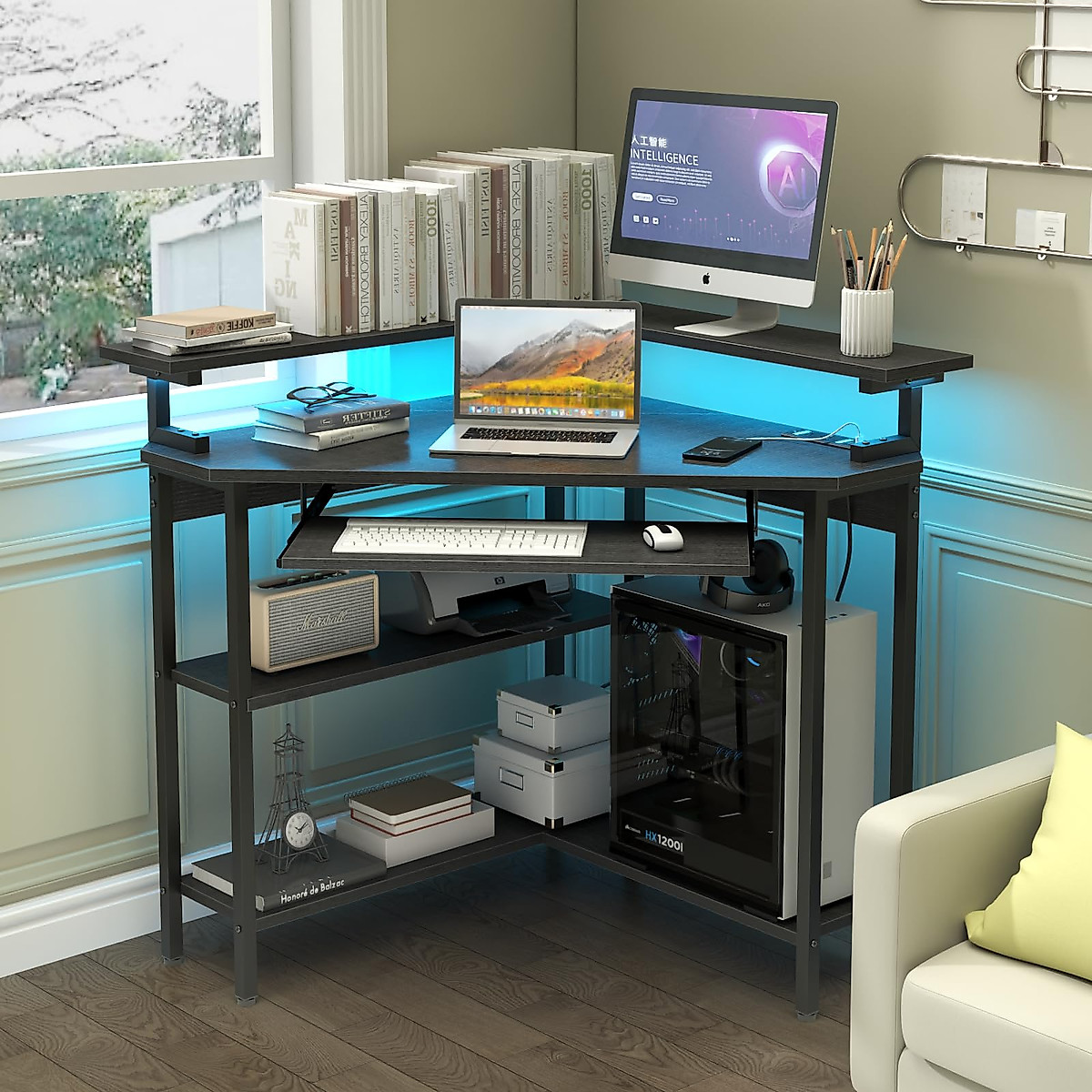 Auromie Corner Desk with Charging Station & LED Light, Triangle Corner Desk with Monitor Stand & Keyboard Tray for Small Space, Gaming Computer Desk with Storage Shelves for Home Office (Black)