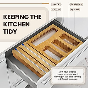 Bamboo Ziplock Plastic Bag - Space Saving Storage Organizer for Drawer - Sandwich Bag Organizer for Drawer Has 2 Foil Cutters & 4 Compartments