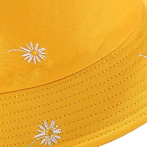 Flower Bucket Hat Daisy Embroidery Reversible Hats Packable Summer Travel Beach Sun Hat Outdoor Cap (White/White)