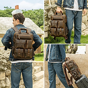 Masa Kawa Genuine Leather Backpack for Men Vintage 15.6 Inch Laptop Bag Multi Pockets Rucksack Casual Travel Daypack Brown
