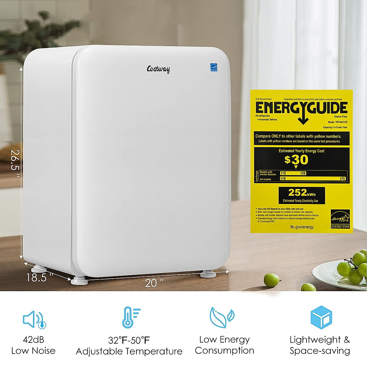 COSTWAY Compact Refrigerator, 2.4 cu ft. Single Door Small Fridge with Auto Defrost, Adjustable Temperature 32℉ to 50℉, Reversible Door, Removable Glass Shelves, Mini Fridge for Bedroom, Apartment, White