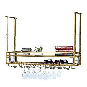 Ceiling Mounted Wine Rack and Glass Holder,Adjustable Industrial Wine Rack Shelf for Wall,2-Layer Hanging Wine Glass Rack Holder for Bar,47.2in Metal Iron Wine Shelf(Gold)