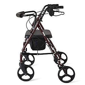Medline Heavy Duty Rollator Walker with Seat, Bariatric Rolling Walker Supports up to 500 lbs, Large 8-inch Wheels, Burgundy