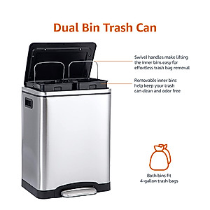 Amazon Basics 30L Dual Bin Soft-Close Trash can with Foot Pedal - 2 x 15 Liter Bins, Stainless Steel