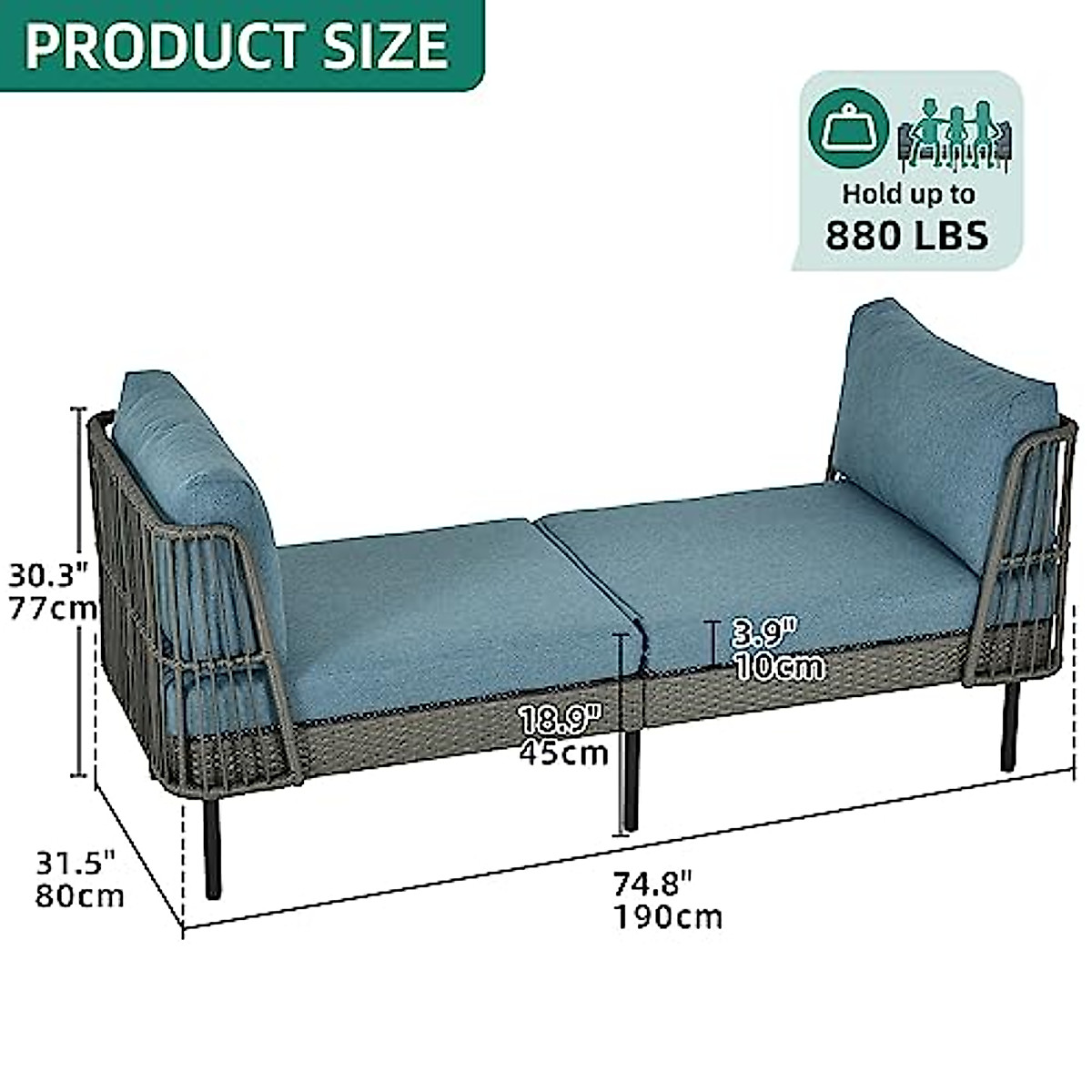 YITAHOME Wicker Outdoor Chaise Lounge, Oversized Patio Love Sofa, 74 Length Outdoor Indoor Upholstered Sofa Recliner Daybed with Thickness Cushion Indoor Lounger for Balcony Garden Pool - Blue