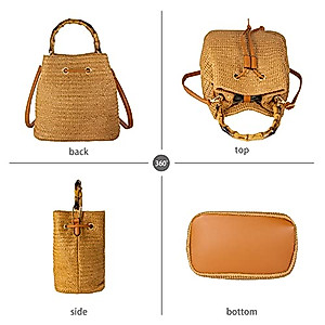 Hirooms Women Beach Bag Straw Woven Shoulder Bag Tote Bag Crossbody Bucket Handbags Summer Handmade Hobo Purse Bamboo Handle (Brown)