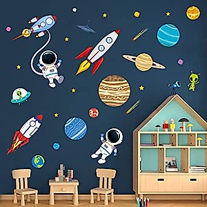 decalmile Outer Space Wall Decals Rocket Planets Astronaut Wall Stickers Baby Nursery Boys Bedroom Playroom Wall Decor