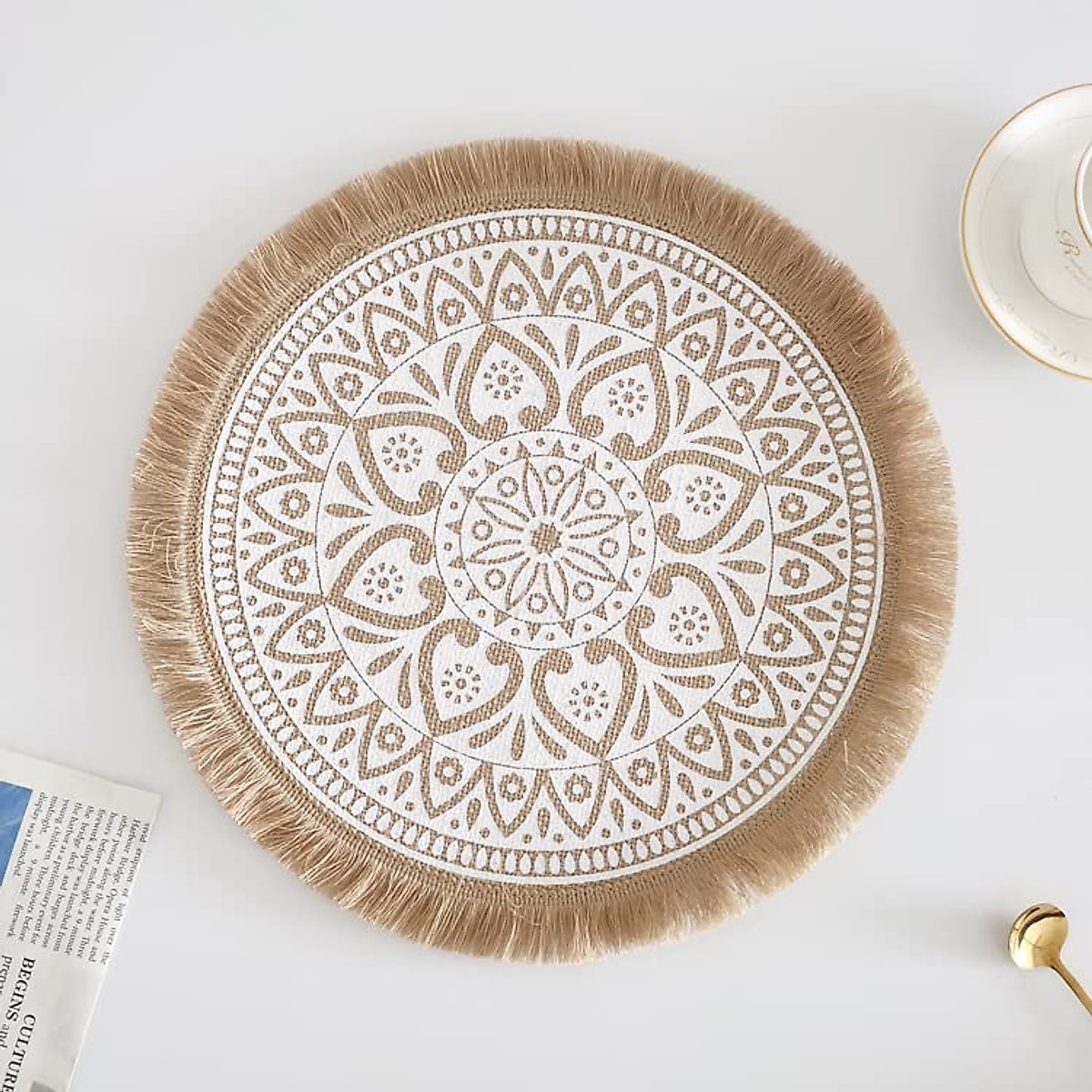 GorinsKani 2 Pieces of Cotton Thread Embroidery Table mat Jute Table mat Decoration mat Round Tassel Side Table mat Heat Insulation mat Anti-Slip Kitchen mat Home Decoration (Tassel Style E)
