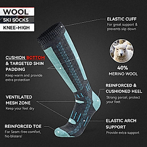 Busy Socks Ladies Long Ski Wool Winter Socks Women, Winer Over the Calf Boot Thermal Wool Socks for Mens Skiing Skating Snowboarding, Medium, 1 Pair Grey/Green