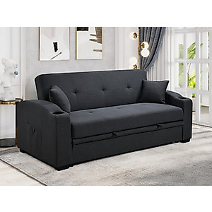 ZIGHTH 75'' Convertible Queen Size Sleeper Sofa Bed with Cup Holders, Modern Linen Loveseat Sofa Couch with Pull Out Bed and Adjustable Backrest for Living Room, Apartment, Bedroom. Dark Blue