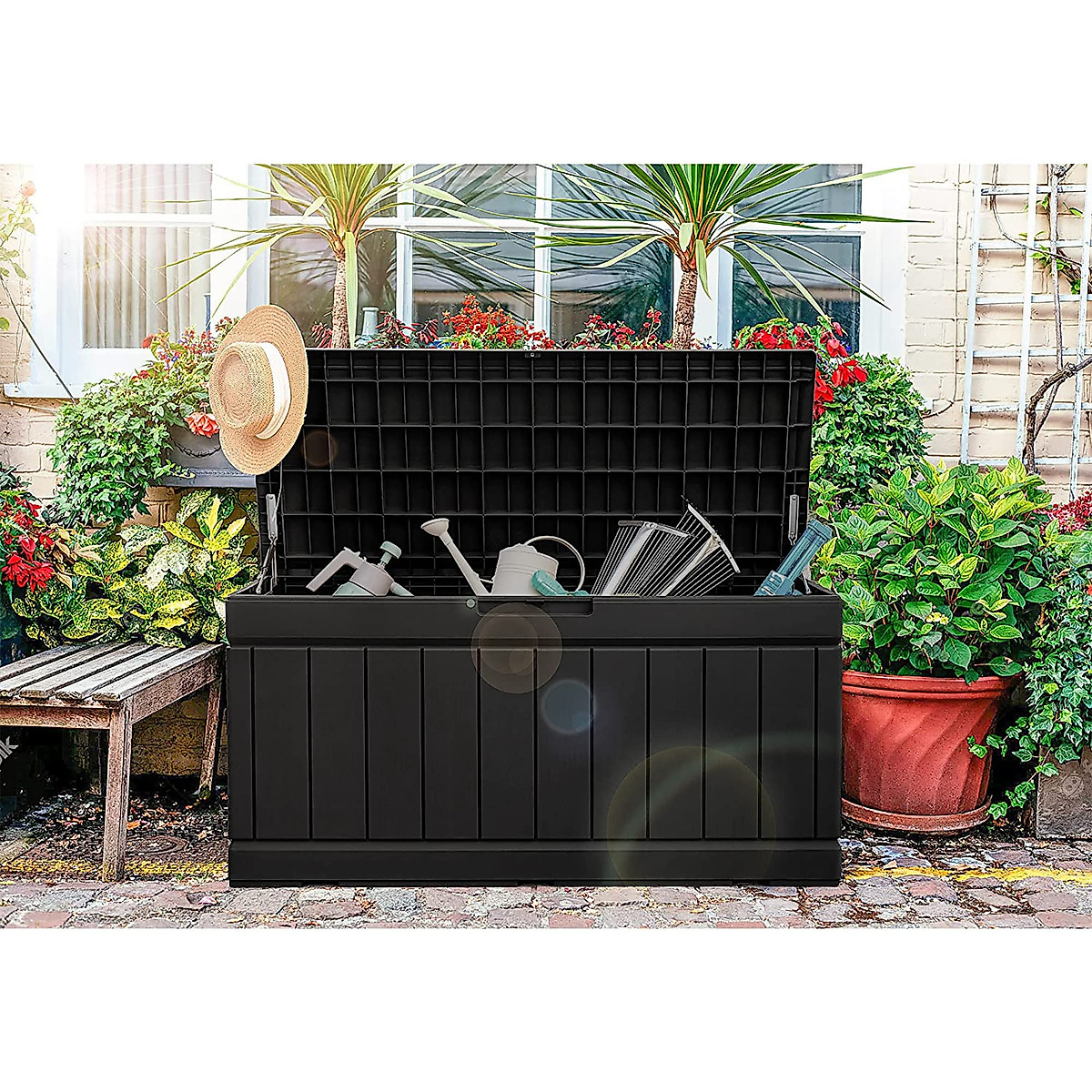 GUNJI 83 Gallon Storage Box Outdoor Waterproof Large Resin Deck Box Patio Storage Bench Lockable Storage Container for Outdoor Cushions, Garden Tools and Pool Supplies (Black)