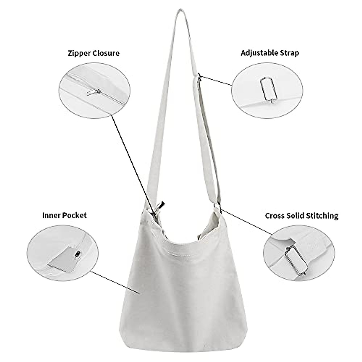 Muka Canvas Shoulder Bag with Zipper, White Hobo Crossbody Handbag Casual Tote