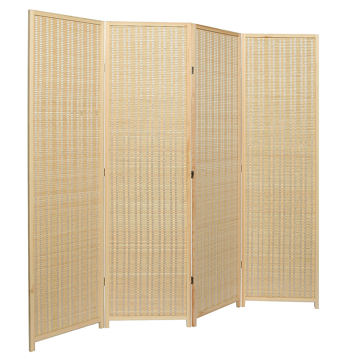 Decorative Freestanding Beige Woven Bamboo 4 Panel Hinged Privacy Screen Portable Folding Room Divider