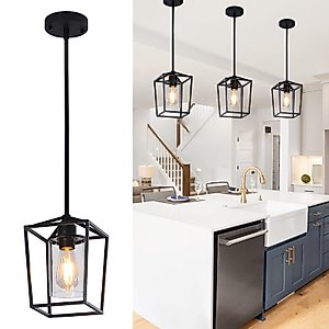 Raxighn Pendant Light Fixture,Adjustable Black Iron Cage Farmhouse Metal Kitchen Island Hanging Light with Clear Glass Shade, Suitable for Kitchen Island, Entrance, Dining Room, Hallway(1 Light)…
