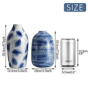 TERESA'S COLLECTIONS Blue Ceramic Vase for Modern Home Decor, Blue and White Vases for Flowers, Glazed Vases with Brush Effect for Centerpieces, Shelf, Living Room, Mantel -Set of 2, 7&8 inches