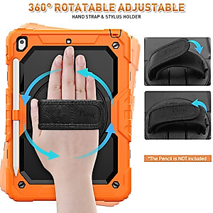 Timecity Case for iPad 9th/ 8th/ 7th Generation 10.2 inch - Heavy Duty Protective Cover with Screen Protector, Rotating Stand, Shoulder Strap & Pencil Holder | Kids-Friendly (Orange)