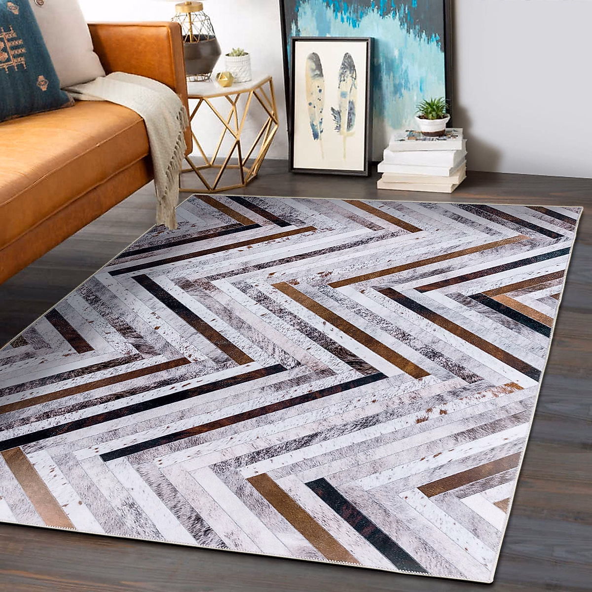 DECOMALL Coronado 8x10ft Area Rugs, Modern Geometric Faux Cowhide Patchwork Rug, Machine Washable Non Slip Carpet for Living Room Bedroom Dinning Room,8x10ft Multi