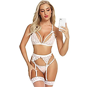 Aranmei Sexy Lingerie Set for Women, 4-Piece, Lace Bra and Panty, Garter Belts and Stocking Sets, Stockings Included White Small