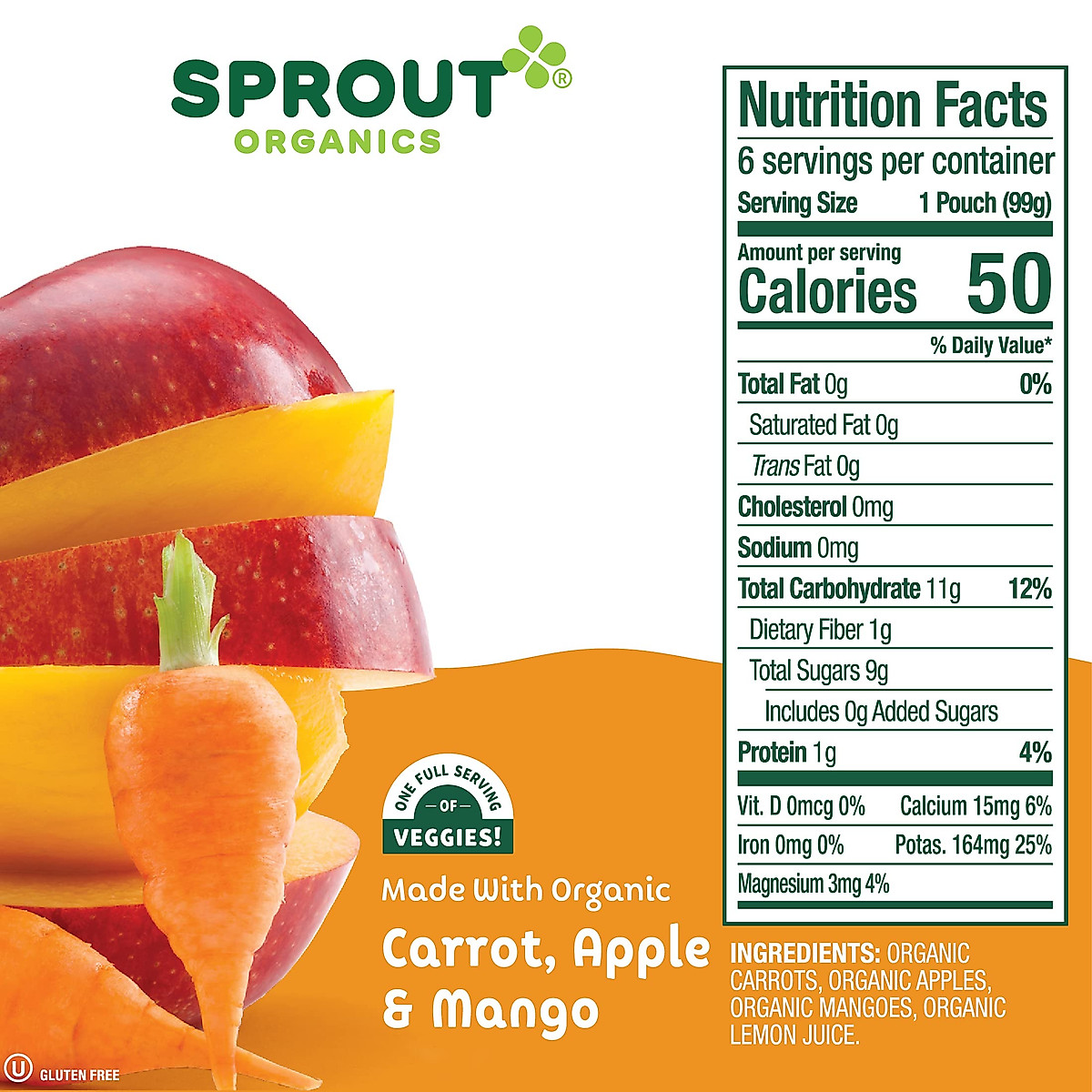 Sprout Organic Baby Food, Stage 2 Pouches, Fruit & Veggie Blend, Carrot Apple Mango, 3.5 Oz Purees (Pack of 12)