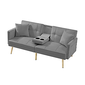SEVENWOOD Velvet Futon Sofa Bed with Cup Holder,Velvet Small Loveseat Sleeper Bed, Modern Folding Sleeper Couch with 2 Pillows and 6 Gold Metal Legs for Living Room. (Grey)