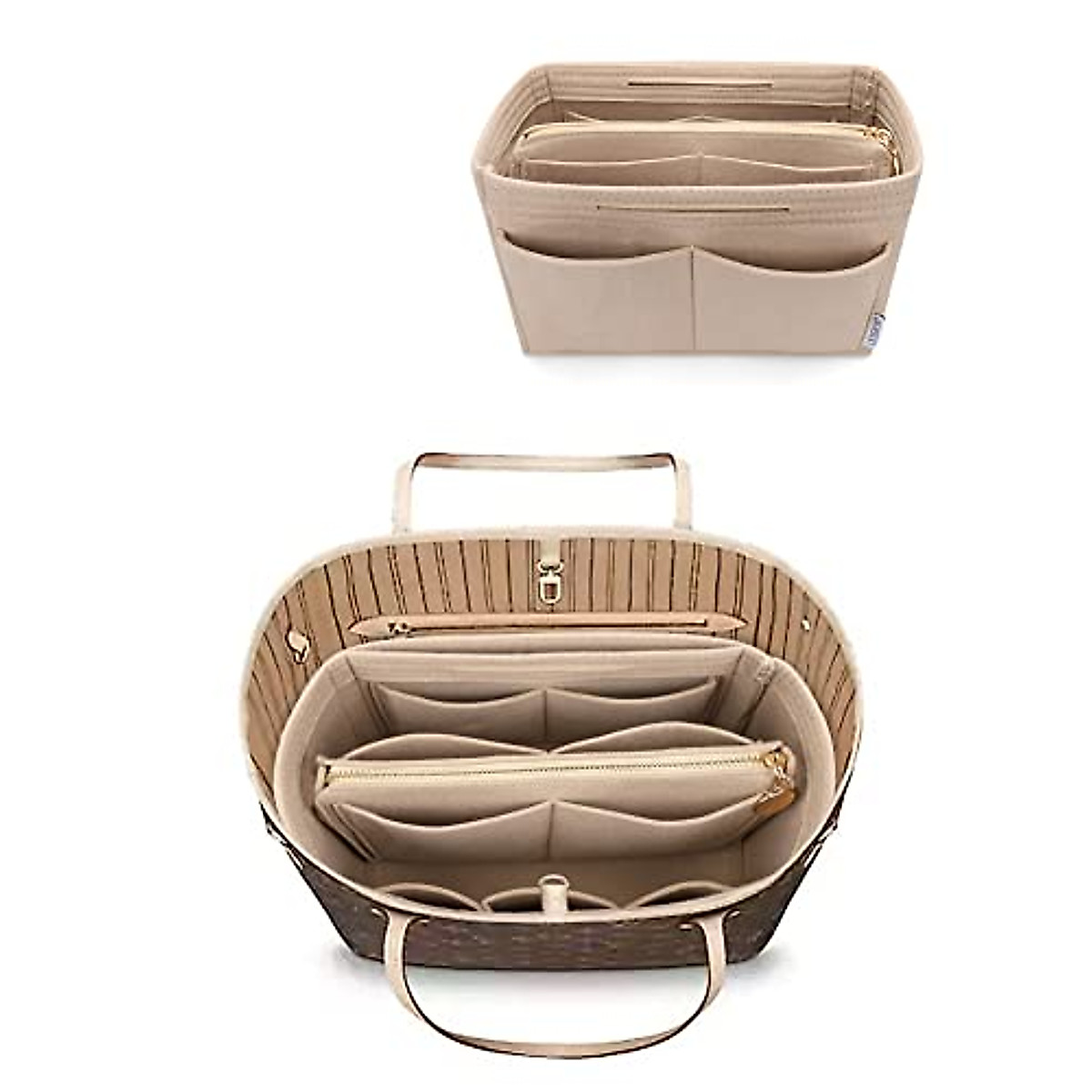 LEXSION Felt Purse Bag Organizer Insert with zipper Bag Tote Shaper Fit Speedy Neverful PM MM 8021 Beige L
