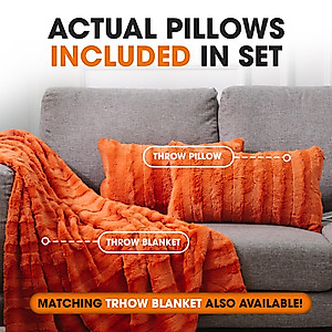 Cheer Collection Faux Fur Throw Pillows for Couch with Inserts Included - Decorative Furry Sofa Pillows - 12" x 20" - Rust (Set of 2)