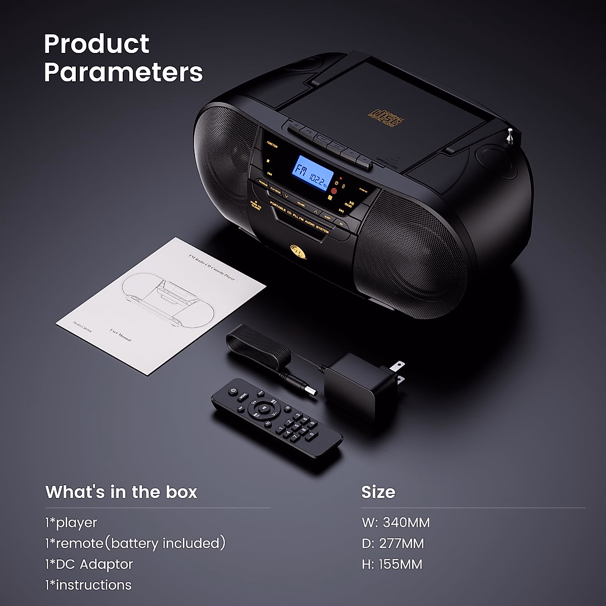 Boom Box CD and Cassette Tape Player, Hernpark Rechargeable CD Tape Player with Remote Control, Bluetooth, FM Radio, Sleep Mode, Stereo Sound, EQ Mode, USB Drive, Aux/Headphones Jack (Black)