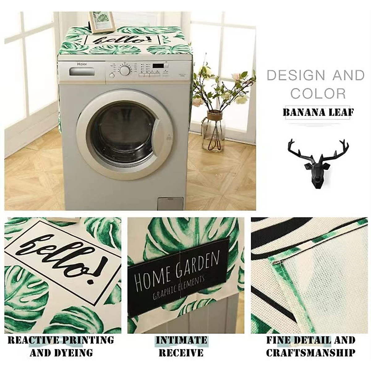 Fridge cover Dryer Washer Top Dust-proof cover with Storage Pockets Bags, Oven Cover Multi-Purpose 23" x 59" Linen (Banana leaf x1pcs)
