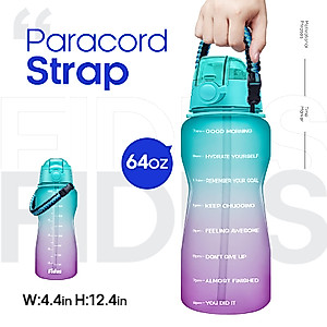 Fidus Large Half Gallon/64OZ Motivational Water Bottle with Paracord Handle & Removable Straw - BPA Free Leakproof Water Jug with Time Marker to Ensure You Drink Enough Water Daily