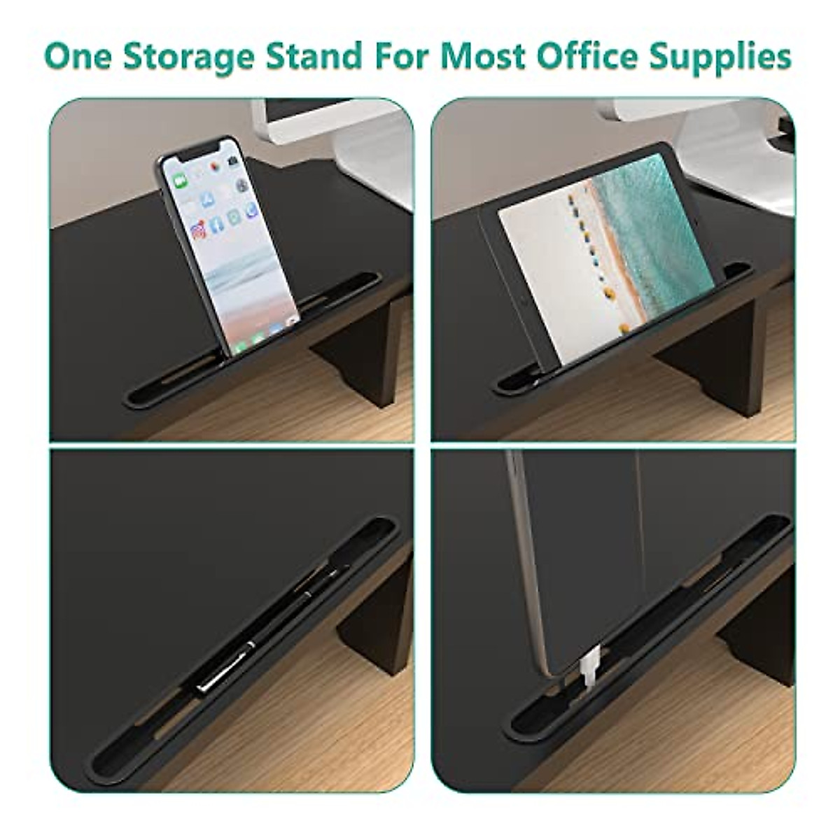 WALI Dual Monitor Stand Riser, 3 Shelf Laptop and Computer Monitor Stand with Phone Holder, Length and Angle Adjustable Desk Organizer (PTT007T-B), Black