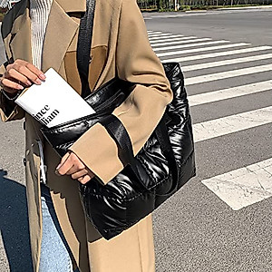 AZURAOKEY Puffer Tote Bag for Women, Women Nylon Shoulder Bag Design Space Padded Messenger Bag Solid Color Handbag