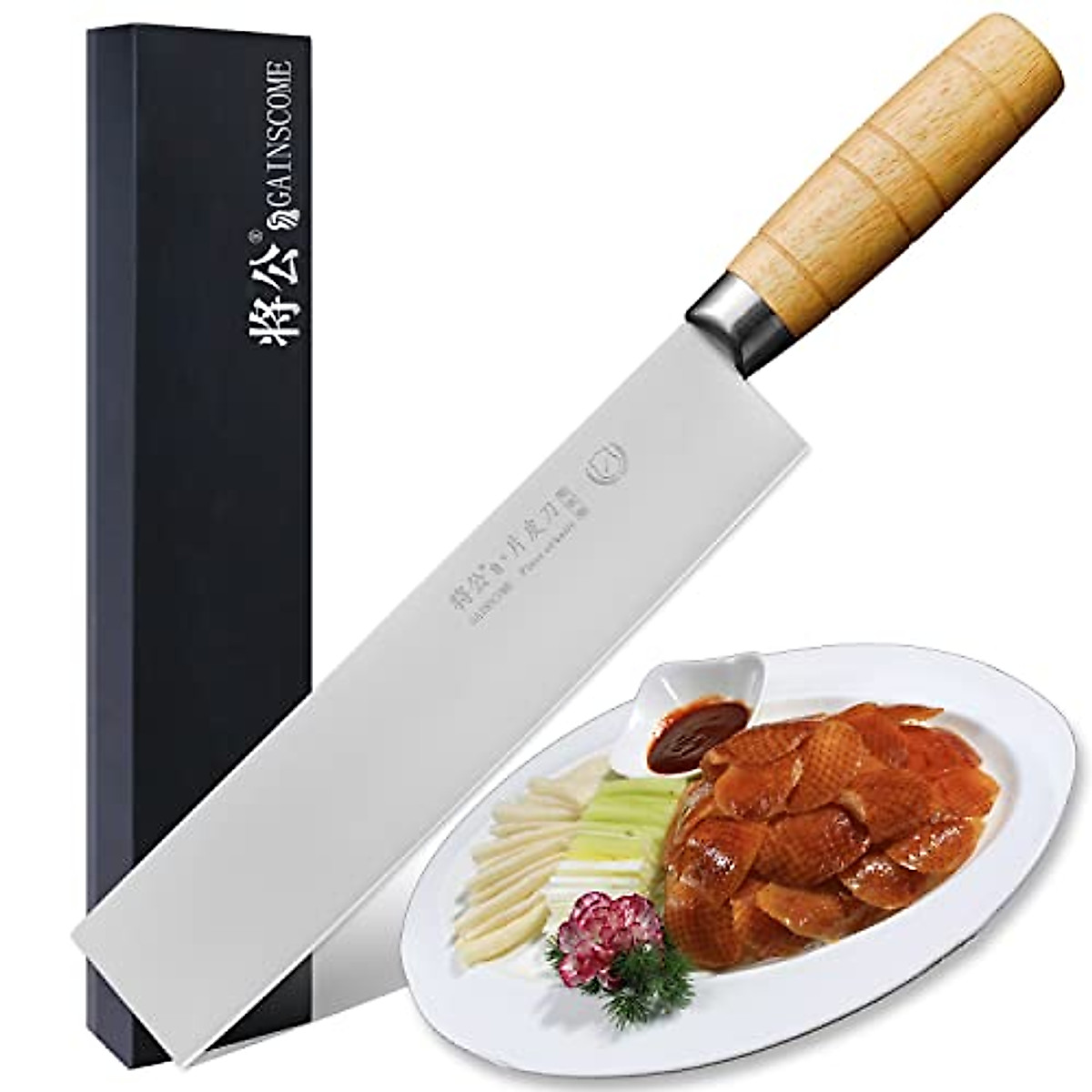 GAINSCOME Stainless Steel Chinese Chef's Knife Sharp Cleavers Slicing Knife Peking Duck Knife Beech Handle Watermelon Fruit Knife