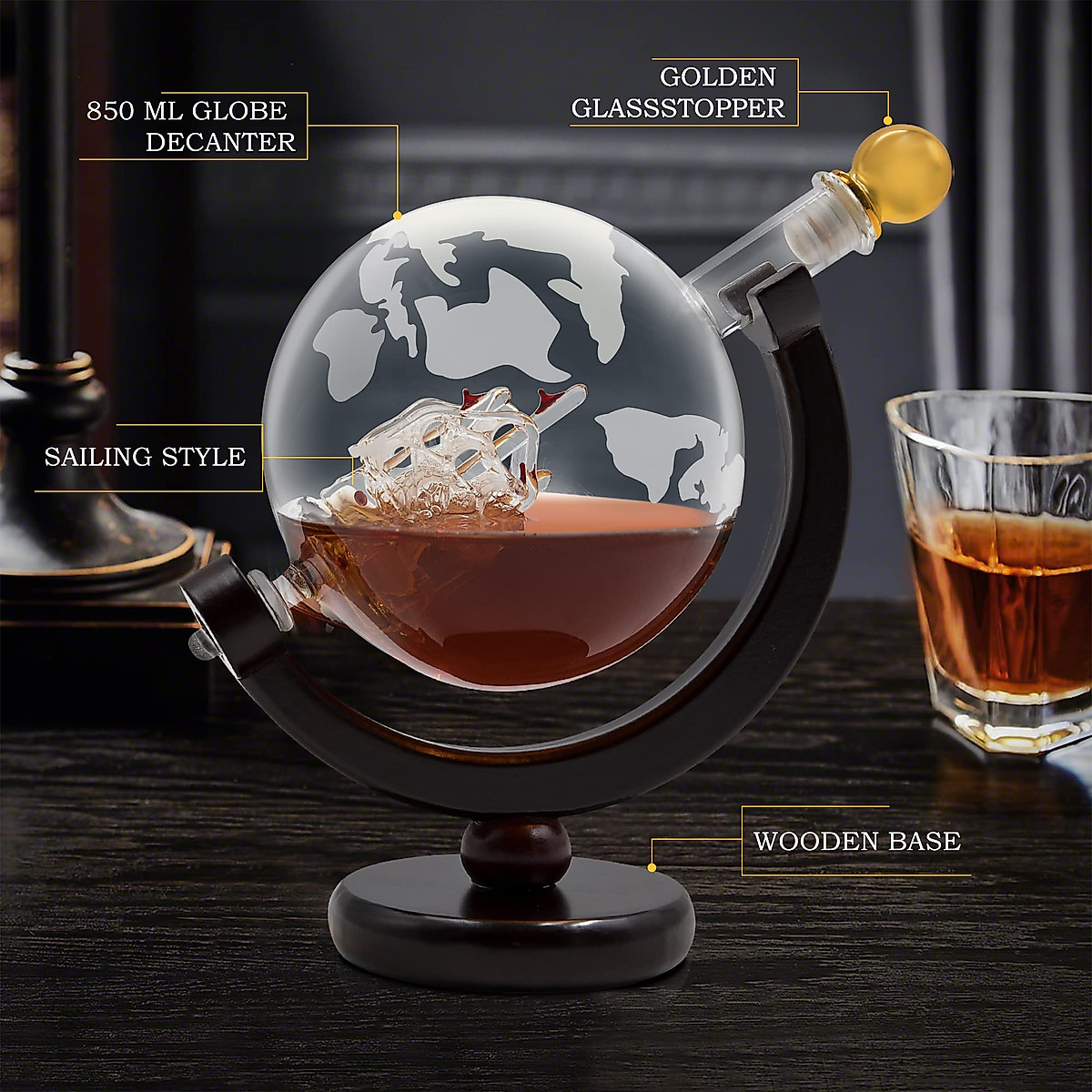 welly pro Whiskey Decanter Set with Wooden Base - Etched World Globe Whiskey Decanter Set, Whiskey Gifts for Men
